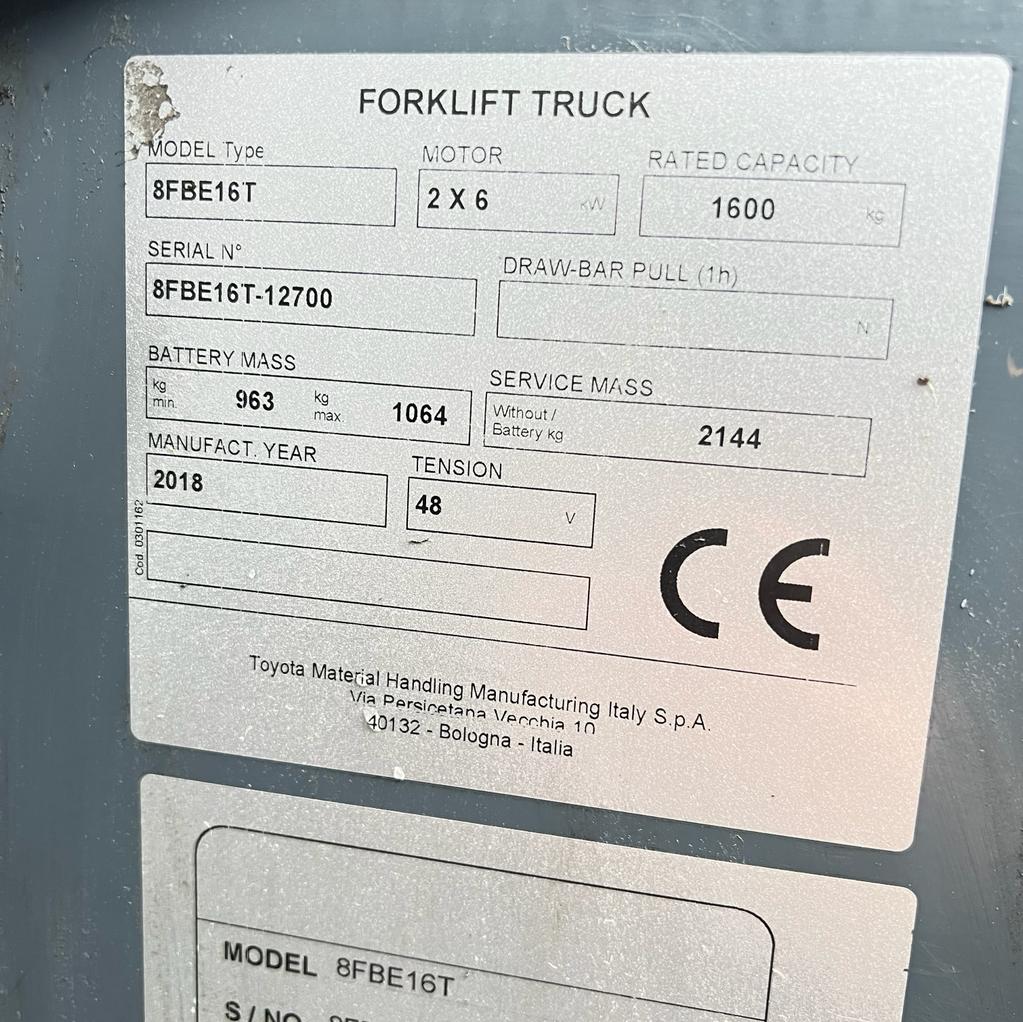 TOYOTA 8FBE16T USED 3 WHEEL ELECTRIC FORKLIFT - 4000MM LIFT (#5149)