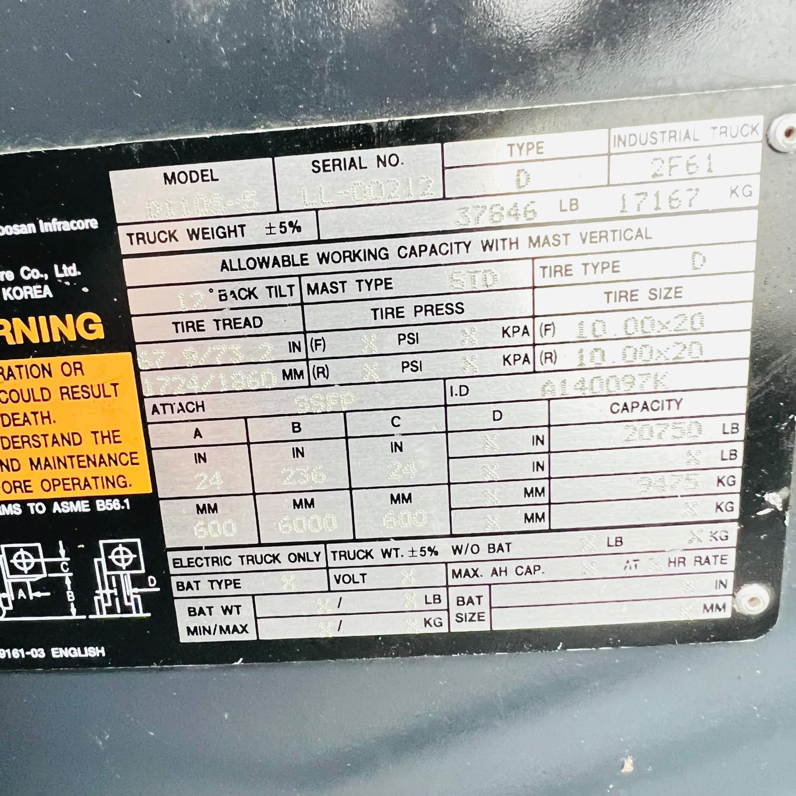 Doosan D110-S Used Diesel Forklift - 6000mm Lift - 11,000kgs - Full cab ...
